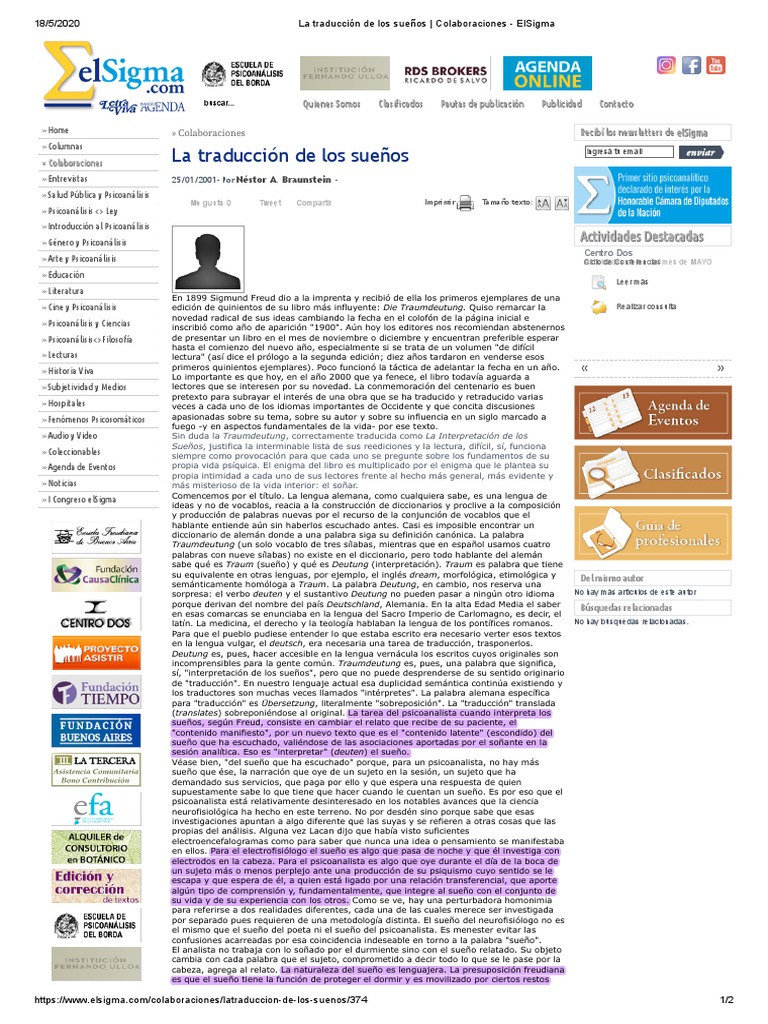 Nestor Braunstein - La Traduccion de Los Sueños | PDF | Sueño | Traducciones