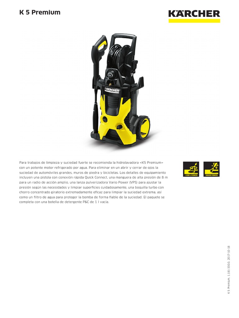 Ficha Tecnica Karcher Hidrolavadora k 5 Premium 1 181 330 0 Segutecnica | PDF | Ingeniería ...