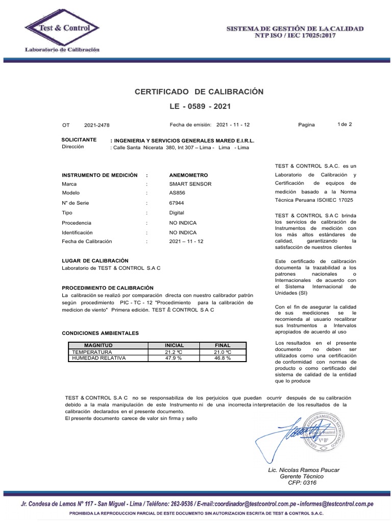 Cert Calibracion Anemometro Smart Sensor As856 | PDF | Calibración | Observación