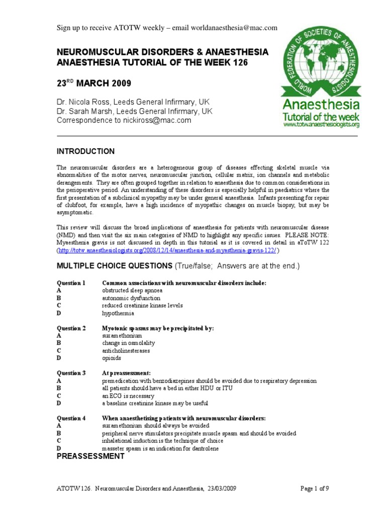 Neuromuscular Disorders & Anaesthesia Anaesthesia Tutorial of The Week ...