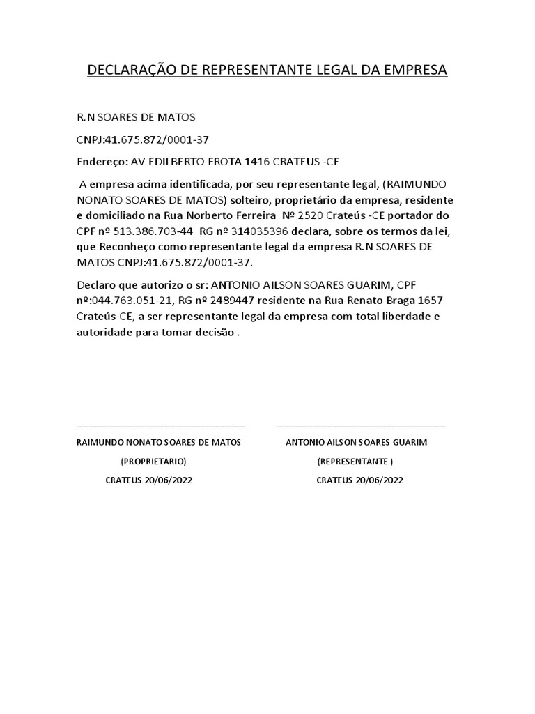 Declaração de Representante Legal Da Empresa | PDF Declaração de Representante Legal Da Empresa | PDF