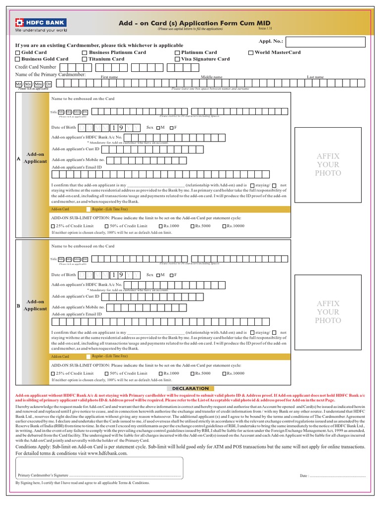 HDFC Add-On Card Application Form | PDF | Identity Document | Credit Card