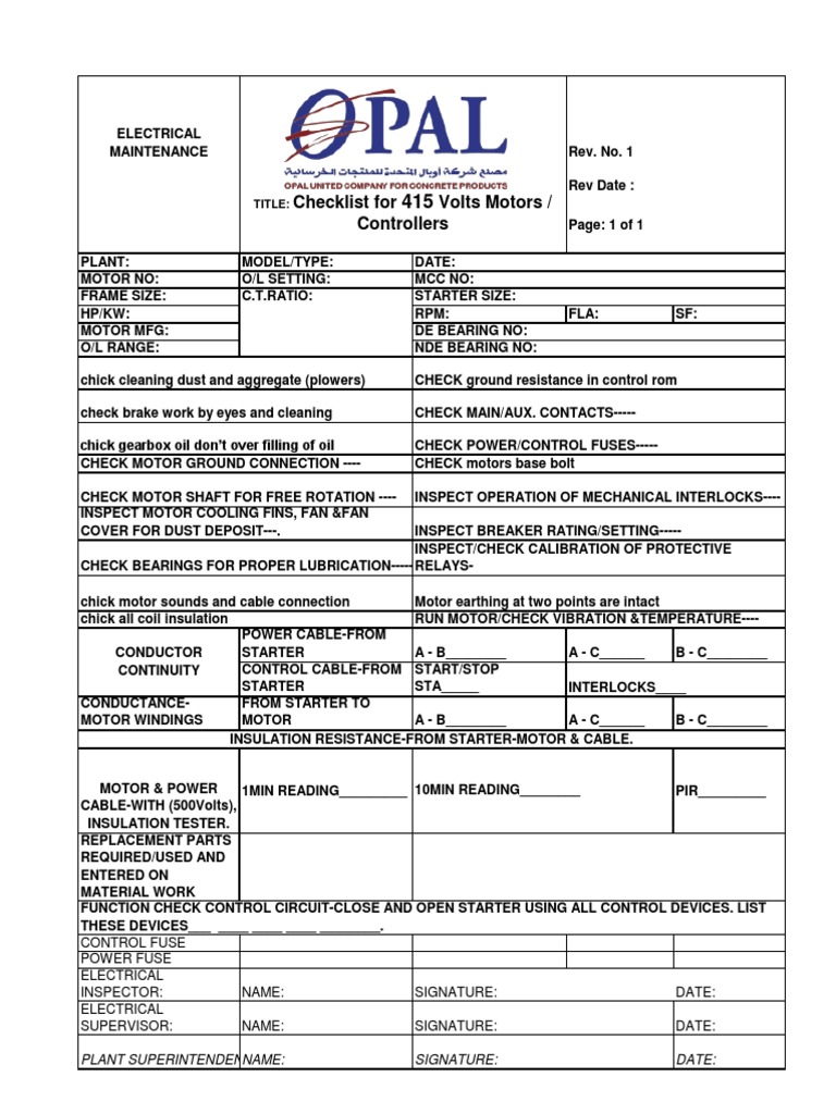 00-PM Checklist For 415 Volts Motors - Rev 1 | Download Free PDF ...