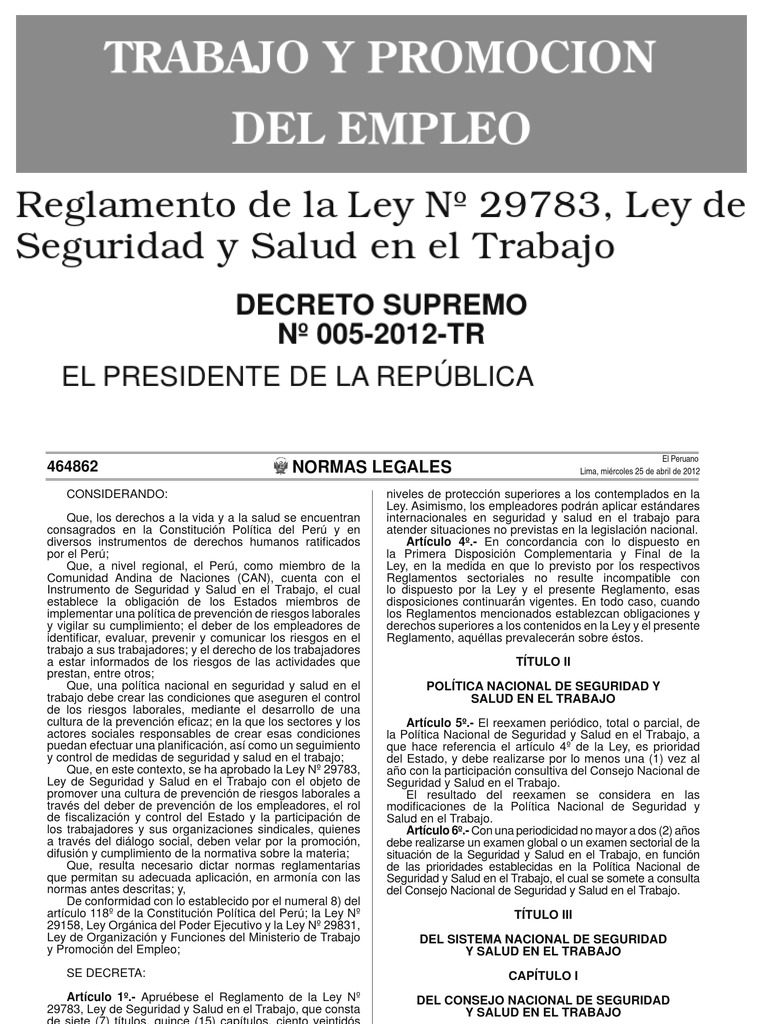 Reglamento de La Ley No 29783 Ley de Seg | PDF | Seguridad y salud ocupacional | Valores