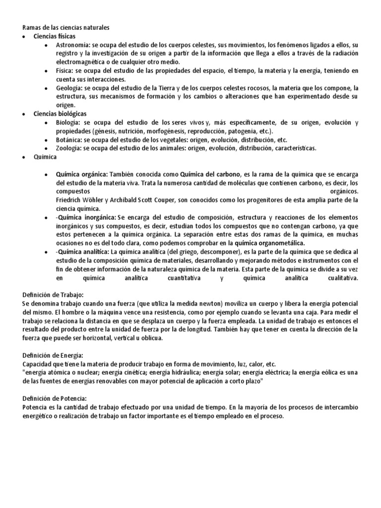 Ramas de Las Ciencias Naturales | PDF | Química | Energía renovable