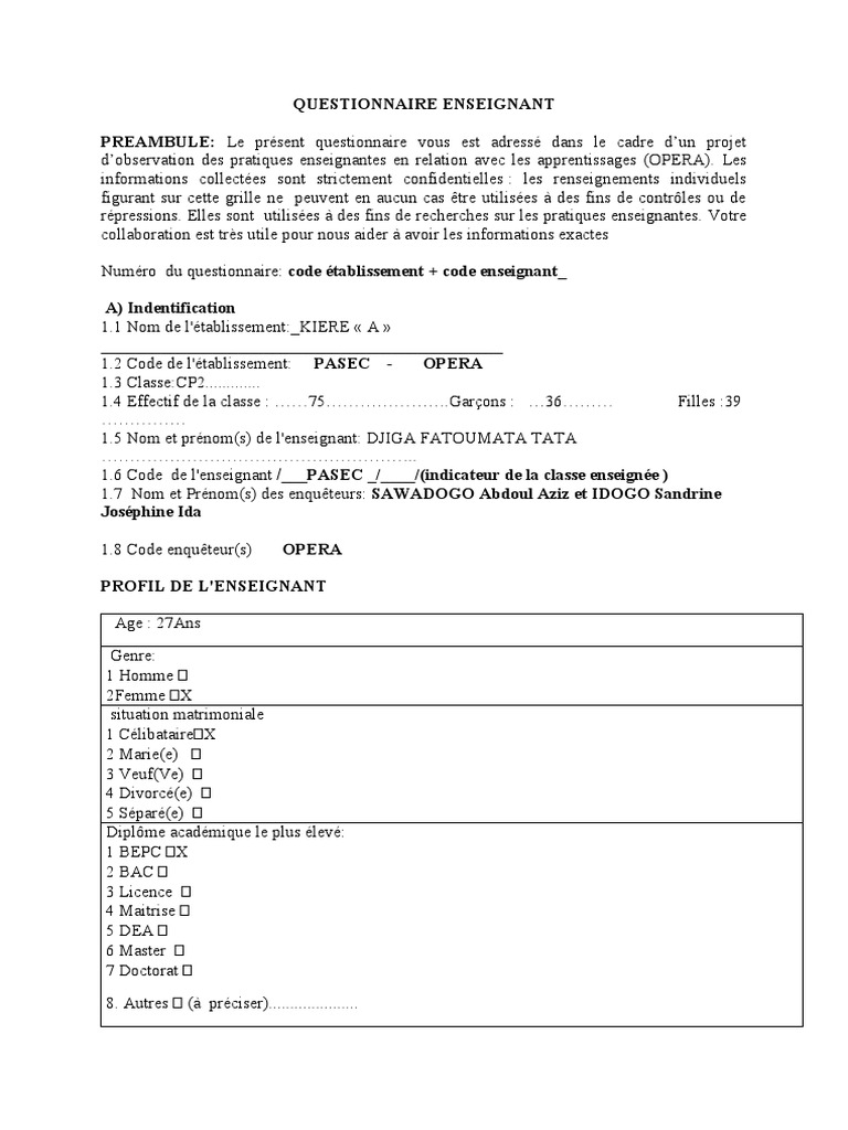 31 QUESTIONNAIRE Maître CP2 KIERE | PDF | Apprentissage | Sciences cognitives