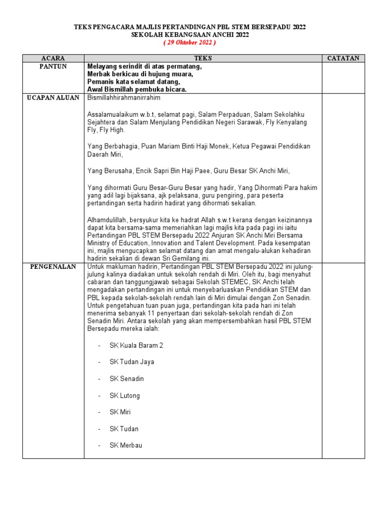 Teks Emcee PBL Stem Bersepadu 2022 | PDF