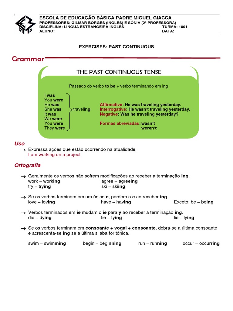 The Past Continuous Tense: Exercises on Using the Past Continuous Form ...