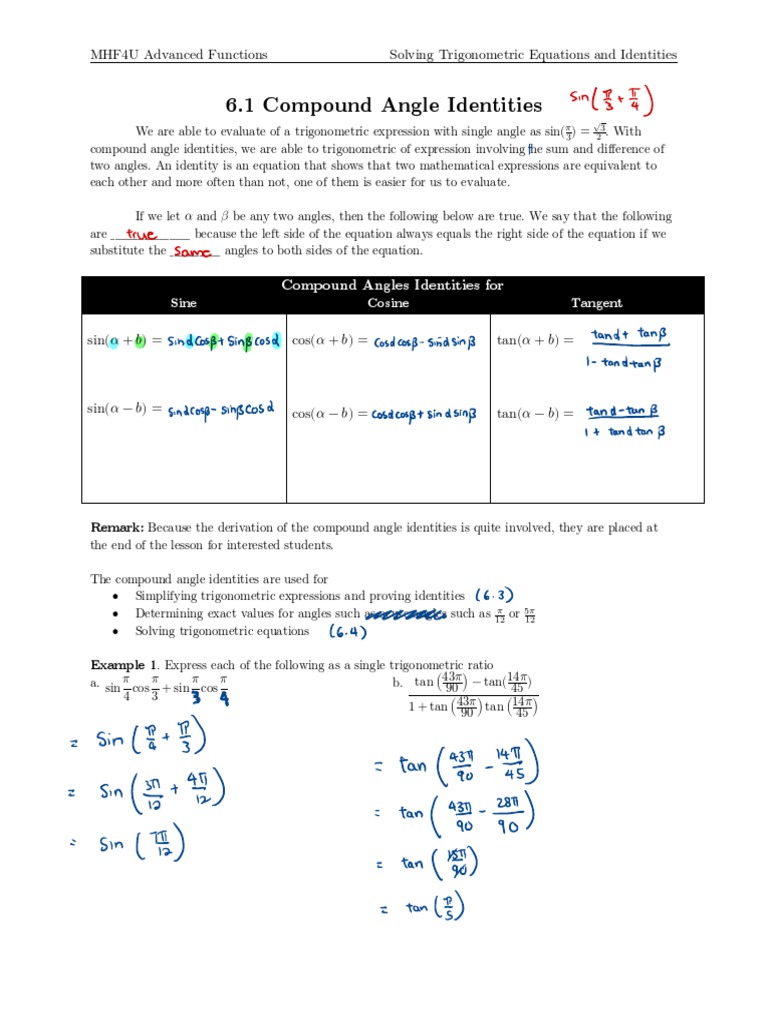 6.1 Compound Angle Identities FILLED | PDF | Trigonometric Functions ...