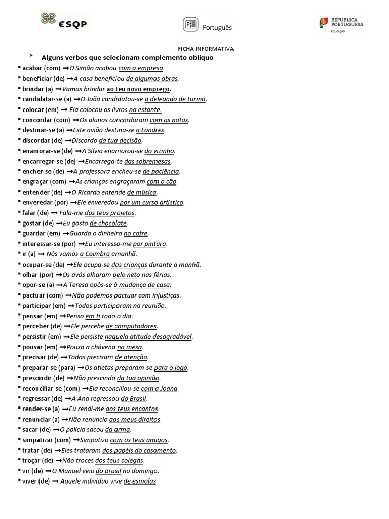 Ficha Informativa - Lista Verbos Complemento Oblíquo | PDF