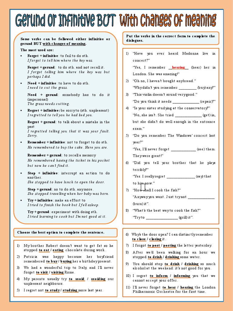 Gerund and Infinitive With Changes of Meaning Grammar Drills ...