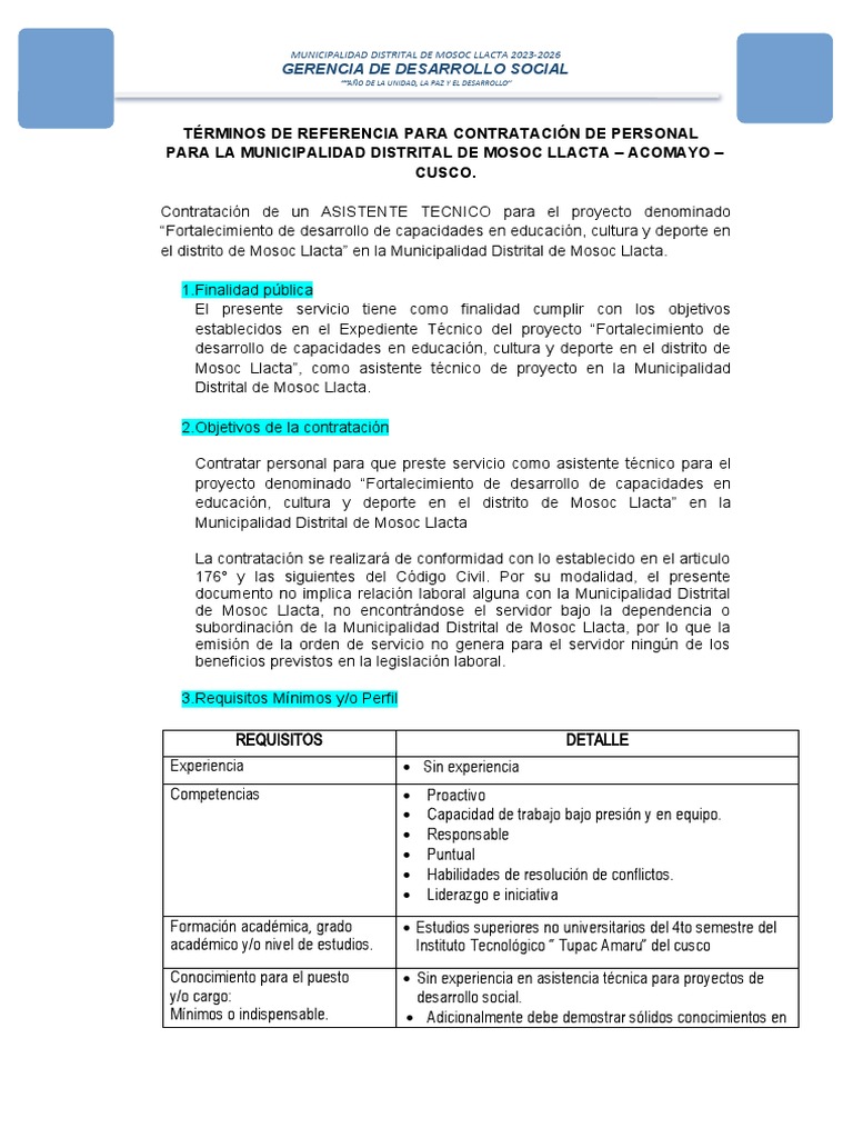 Contratación Asistente Técnico Mosoc Llacta | PDF | Finanzas y dinero