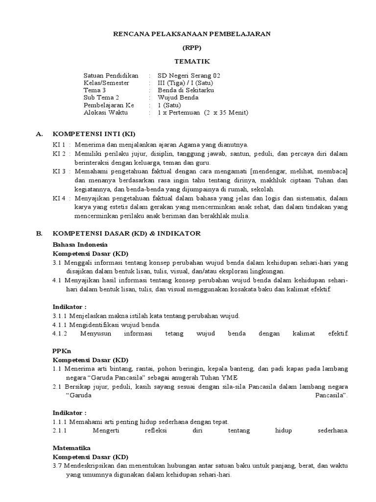 RPP Tematik Kls 3d - Siti Laelatul A | PDF