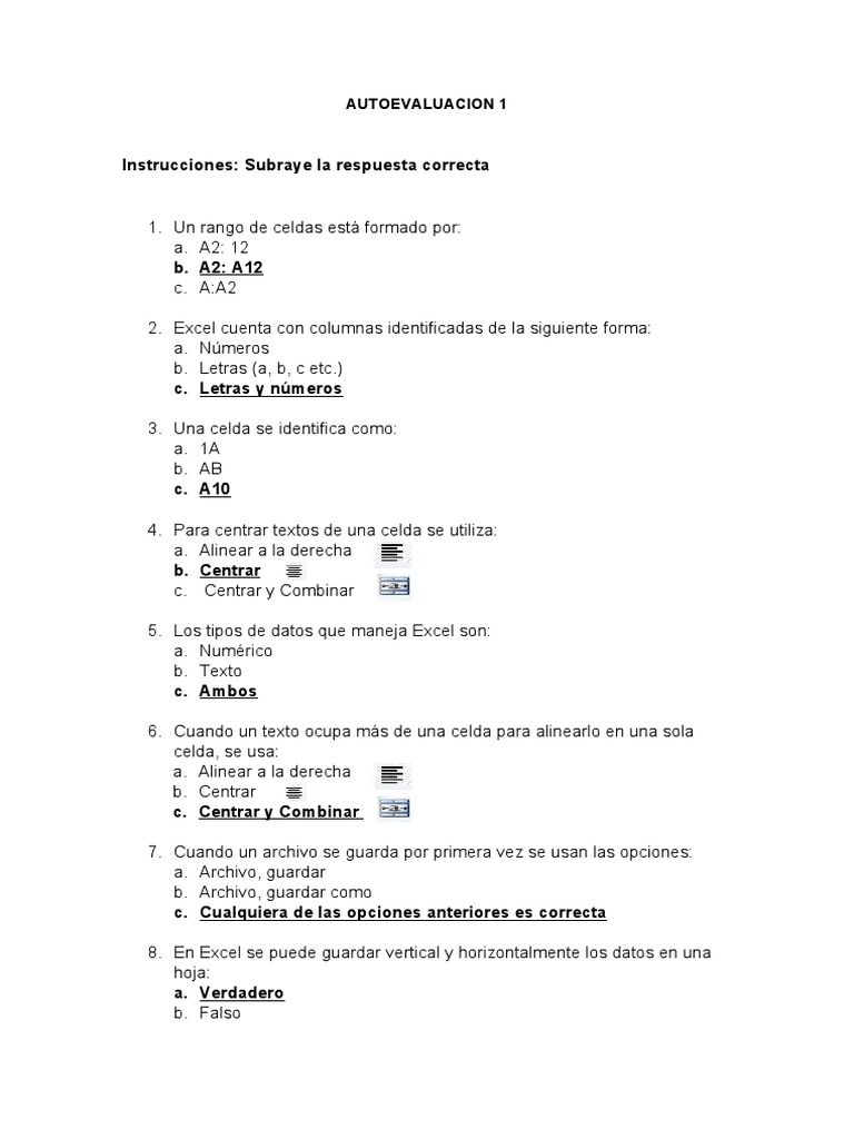 Autoevaluación sobre conceptos básicos de Excel | PDF | Microsoft Excel | Informática