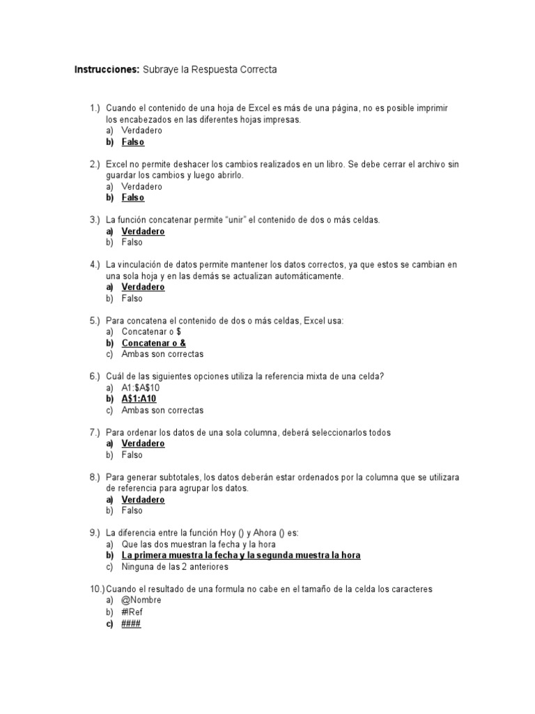 Instrucciones para subrayar las respuestas correctas en una hoja de Excel con preguntas y ...