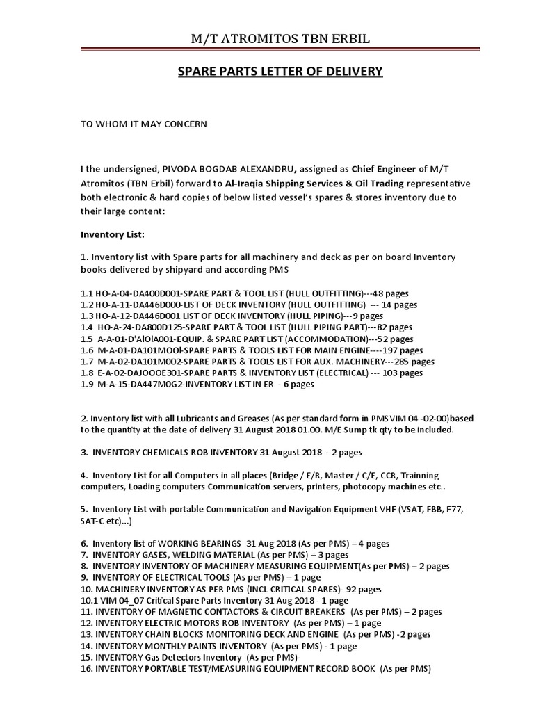 Spare Parts Letter of Delivery | PDF | Physical Sciences | Mechanical ...