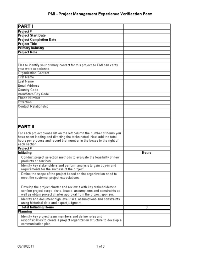 PMI Verification Form Template) | PDF | Project Management | Production ...