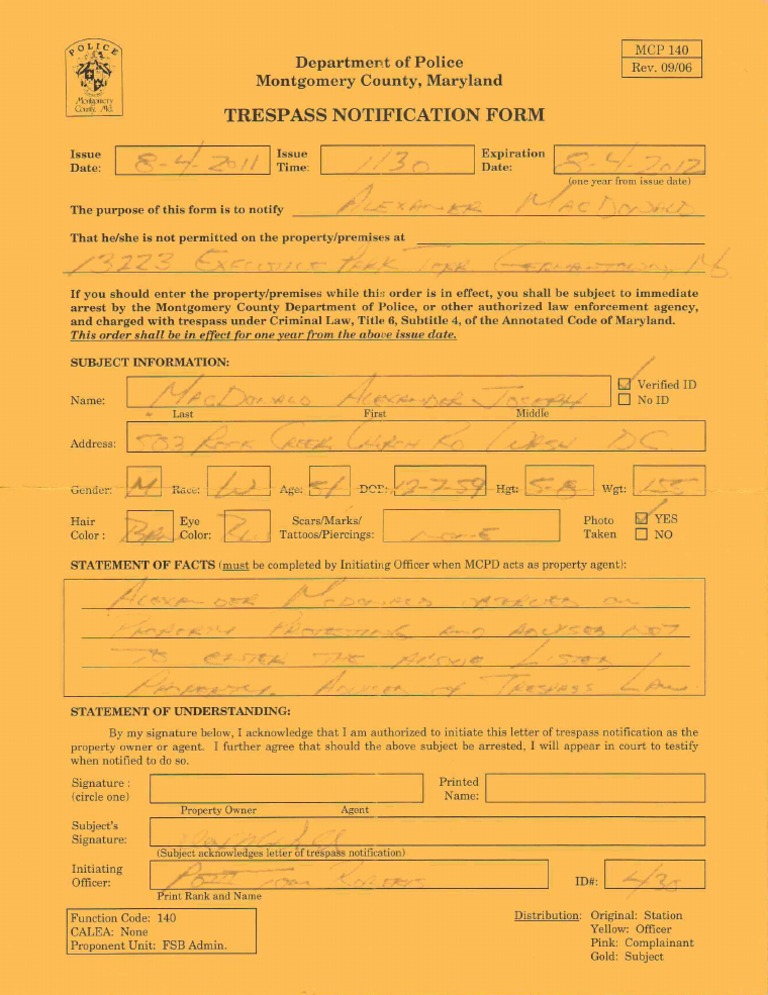 Trespass Notice - MD | PDF