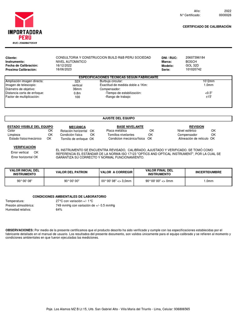 IMPORTADORA - 2022 - Certificado de Calibración - CONSULTORIA Y ... IMPORTADORA - 2022 - Certificado de Calibración - CONSULTORIA Y ...