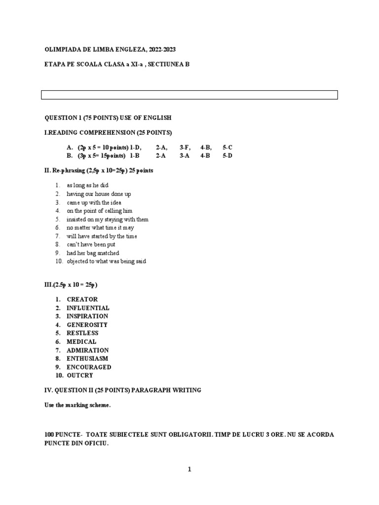 Olimpiada Clasa Xi Sectiunea B Barem | PDF