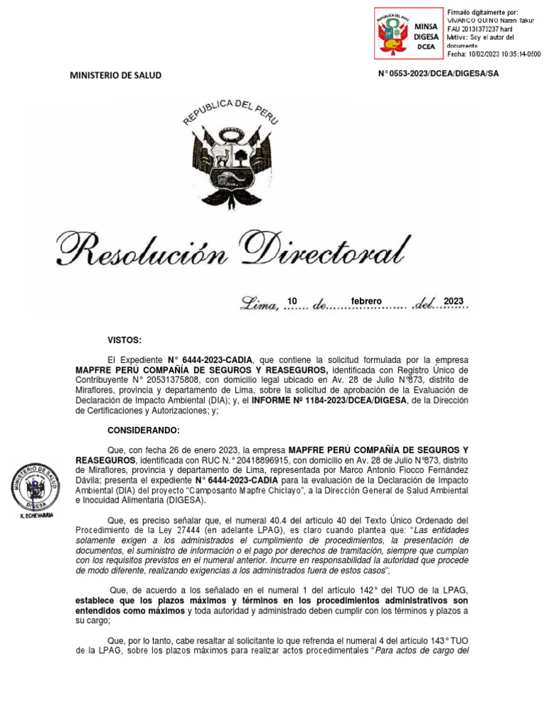 RD 553-2023-DCEA-DIGESA-SA e INFORME 1184-2023-DCEA-DIGESA | PDF ...