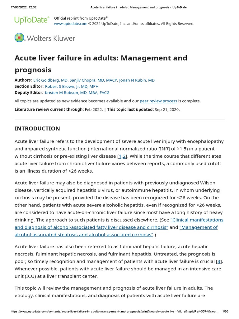 Acute liver failure in adults_ Management and prognosis - UpToDate ...