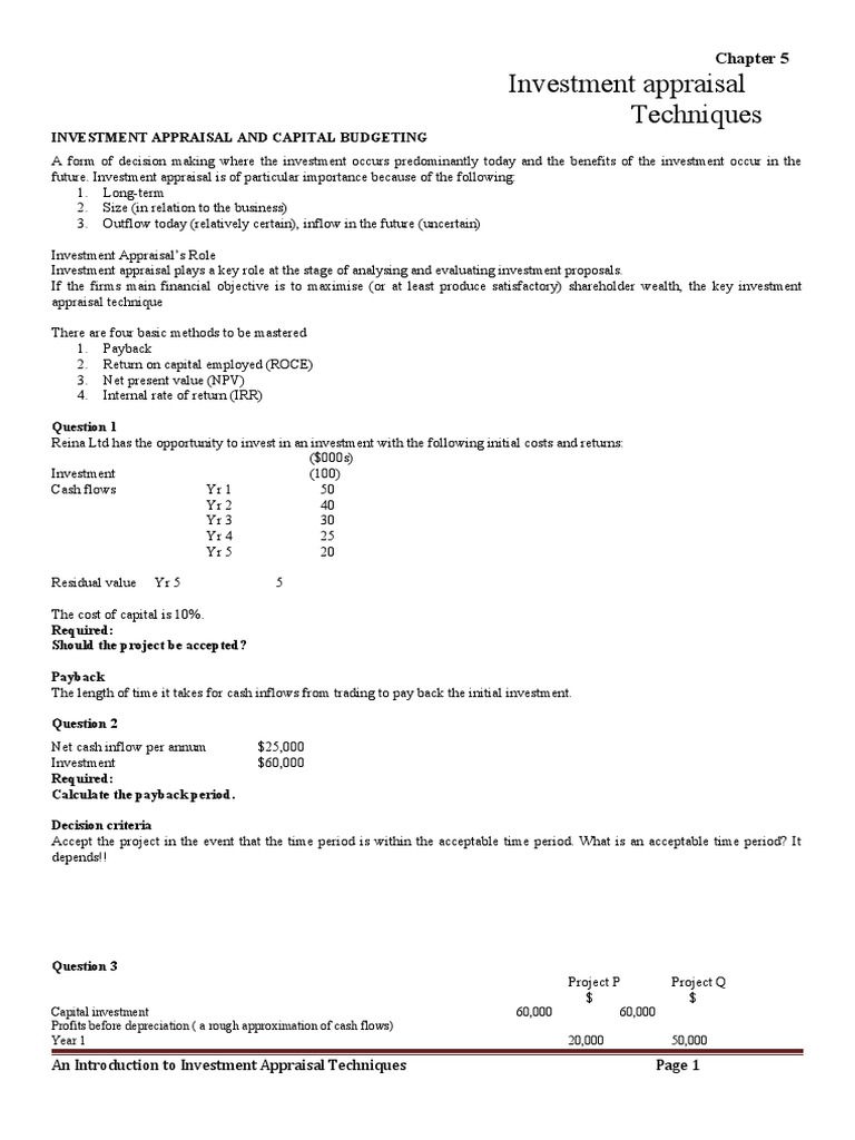 Chapter 2. An Introduction Investment Appraisal Techniques | PDF | Capital Budgeting | Net ...