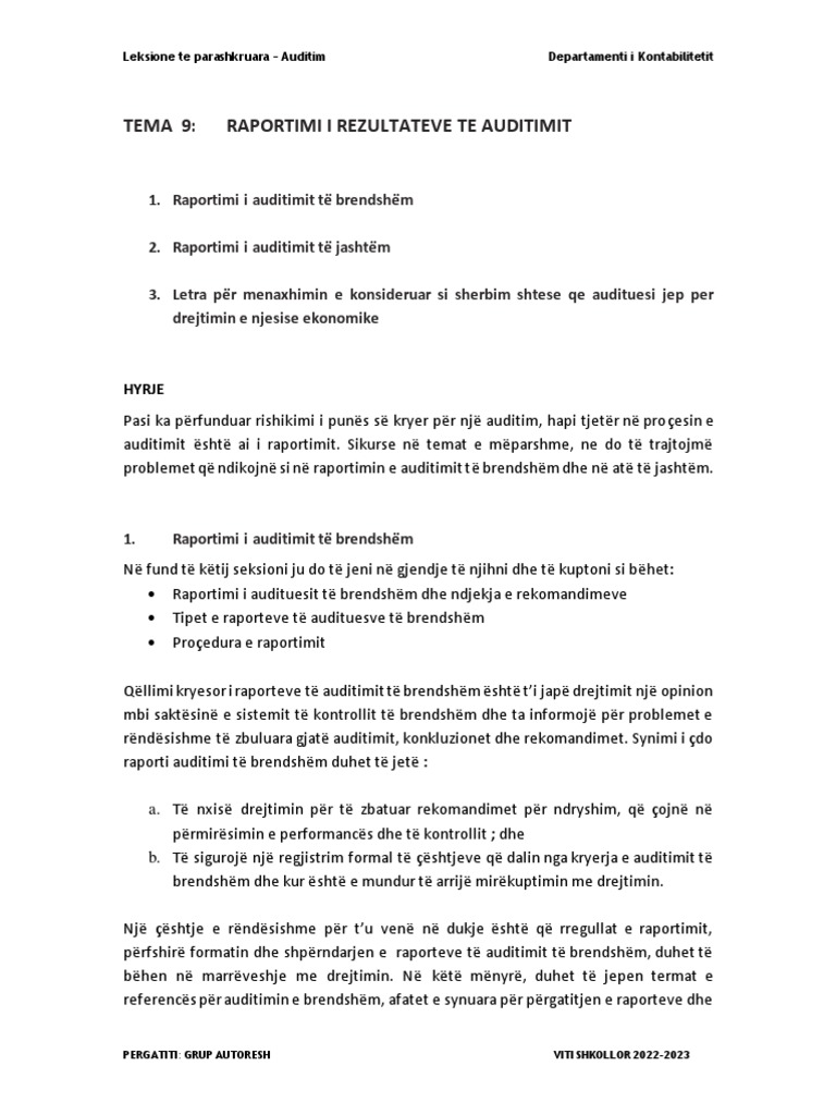 TEMA 9 Raportimi I Rezultateve Te Auditimit | PDF