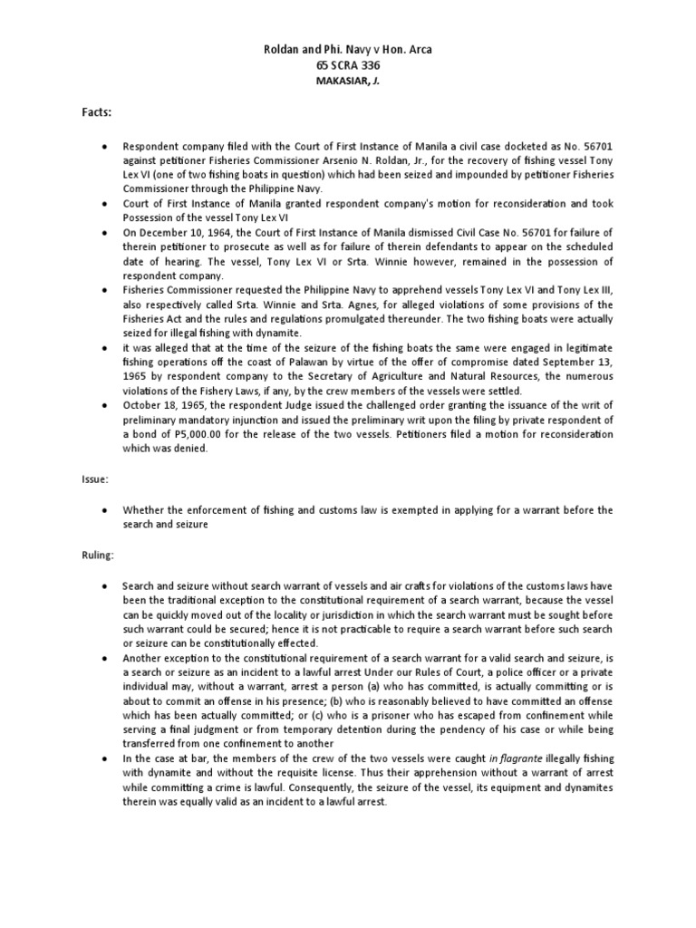 Case Digest of Roldan and Phi. Navy V Hon. Arca 65 SCRA 336 | PDF ...