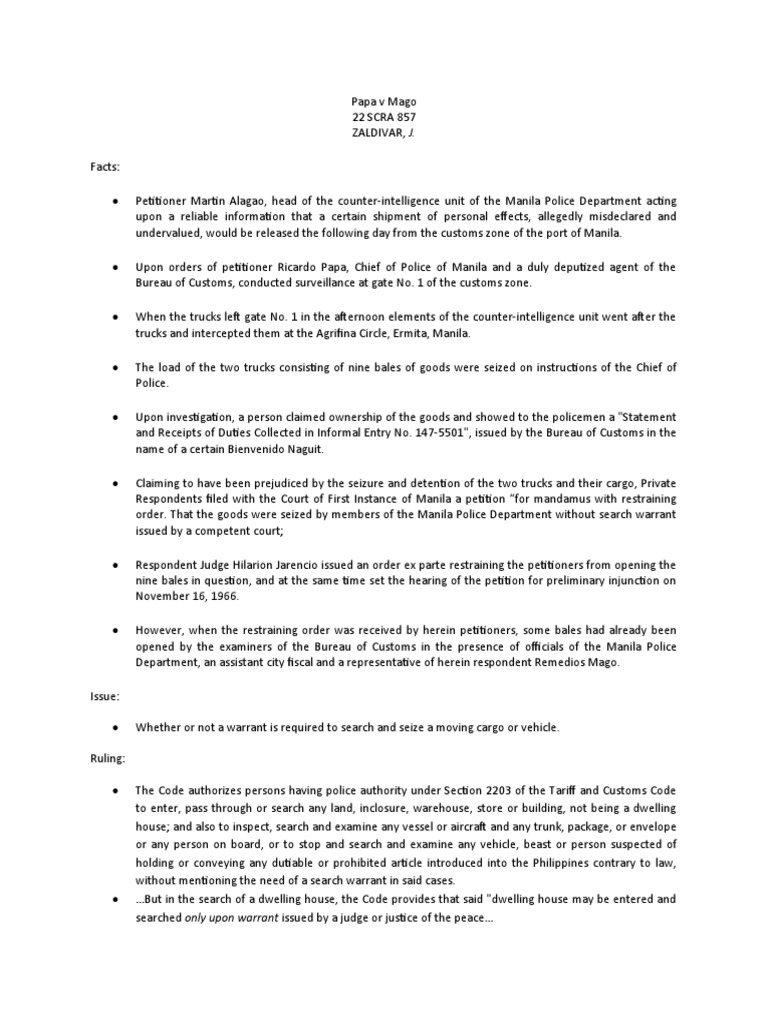 Case Digest of Papa V Mago 22 SCRA 857 | PDF | Search Warrant ...