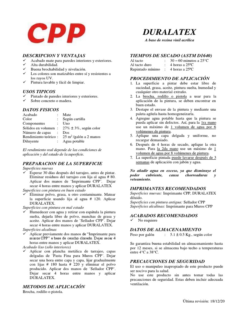 Pinturas CPP Latex Duralatex Ficha Tecnica | PDF | Pintar | Agua