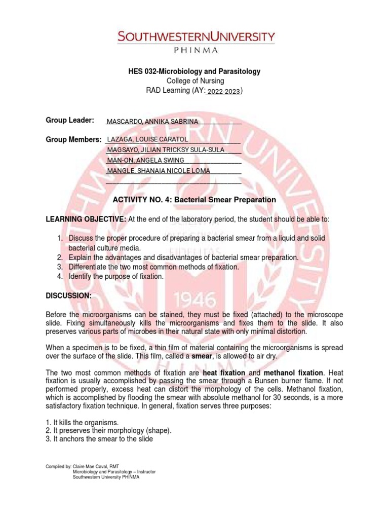 Bacterial Smear Preparation Techniques | PDF | Fixation (Histology ...
