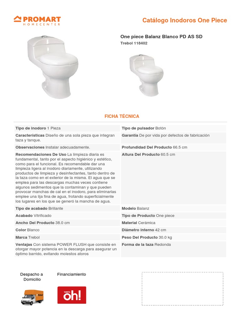 Catálogo de inodoros de una pieza Balanz Blanco de la marca Trebol ...