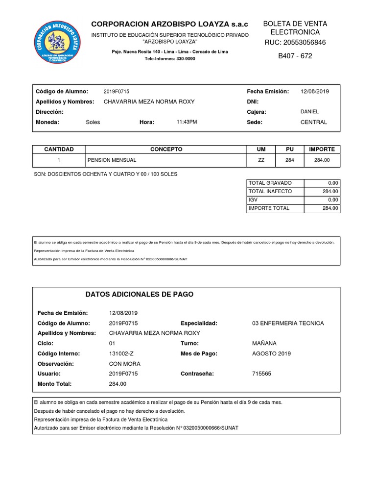 Boleta de Venta Electrónica Arzobispo Loayza | PDF