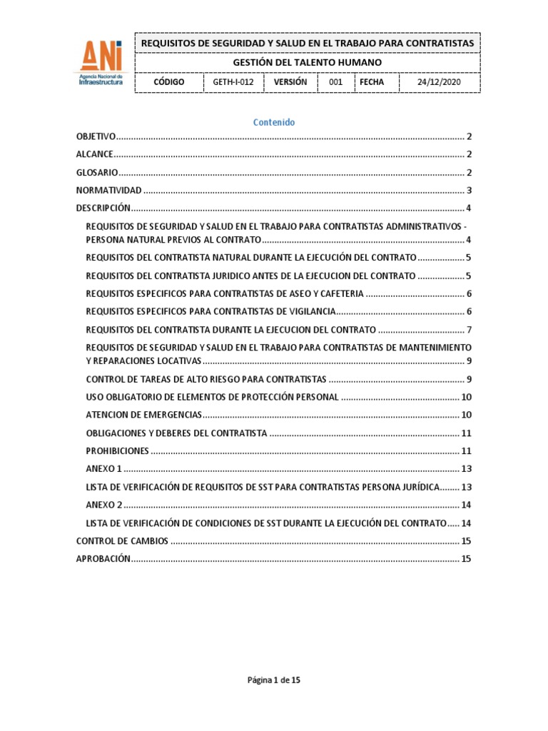Geth-I-012 Requisitos SST para Contratistas v1 | PDF | Vigilancia | Seguridad Social
