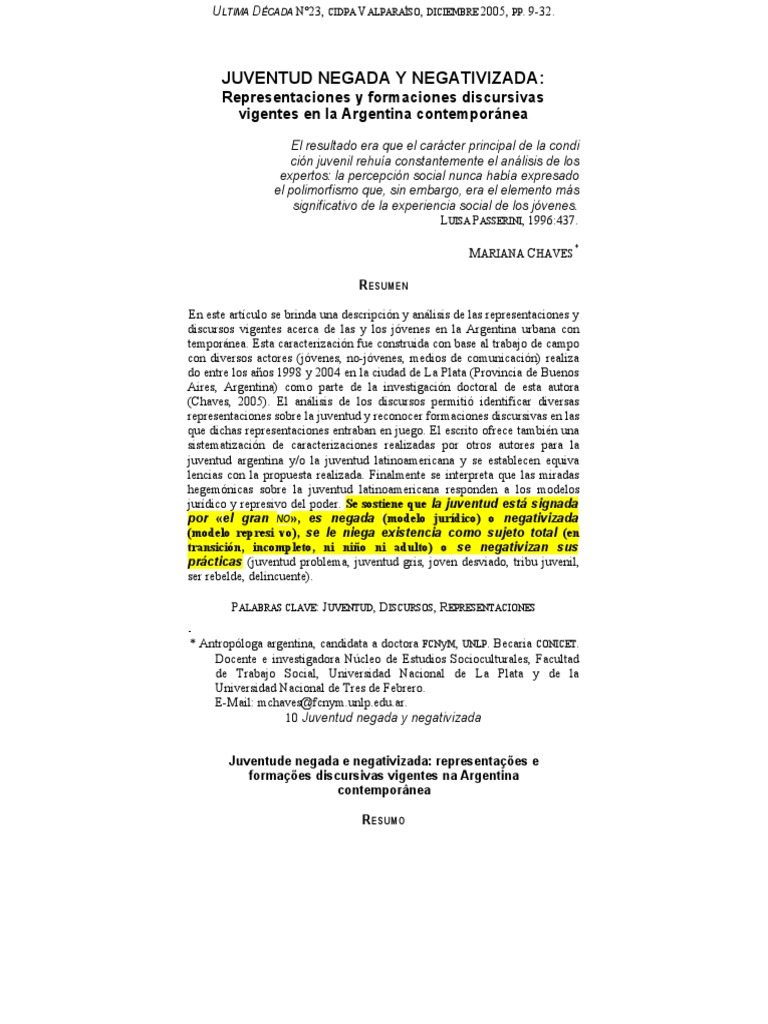 02 Chaves Mariana Juventud Negada y Negativizada | PDF | Adultos | Sociedad