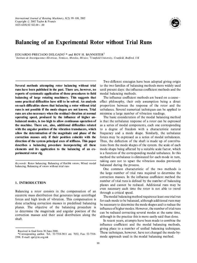 Balancing of An Experimental Rotor Without Trial Runs | PDF | Normal ...