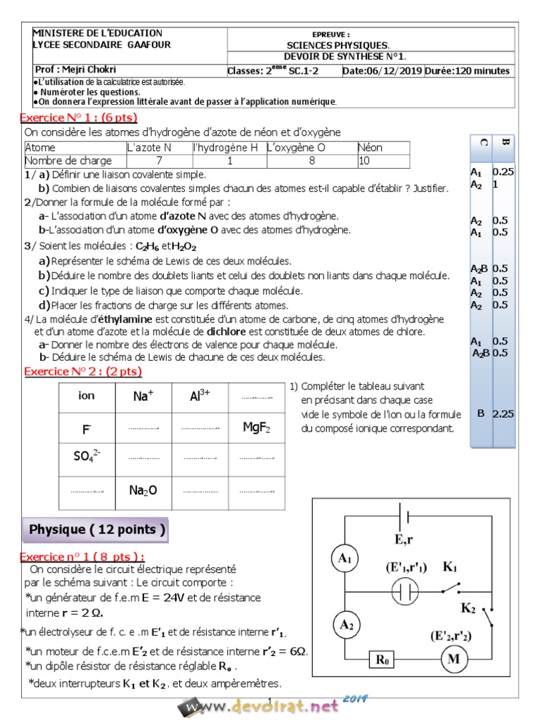 Devoir de Synthèse N°1 - Physique - 2ème Sciences Exp (2019-2020) MR Mejri Chokri | PDF ...