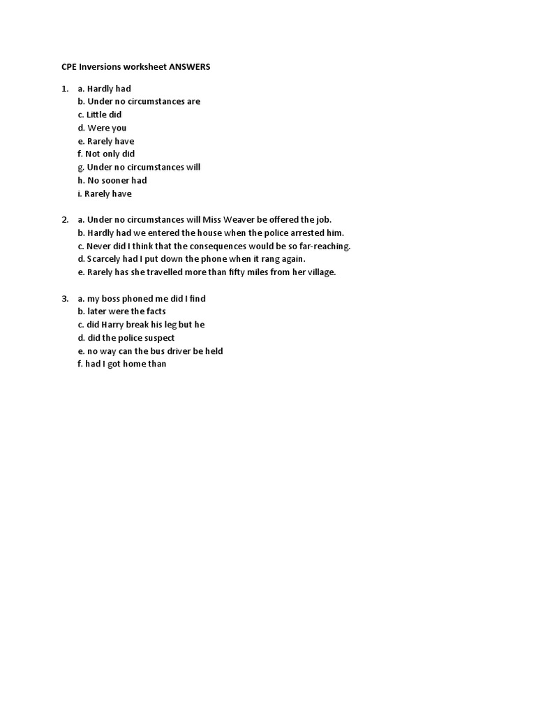 CPE Inversions Worksheet ANSWERS | PDF