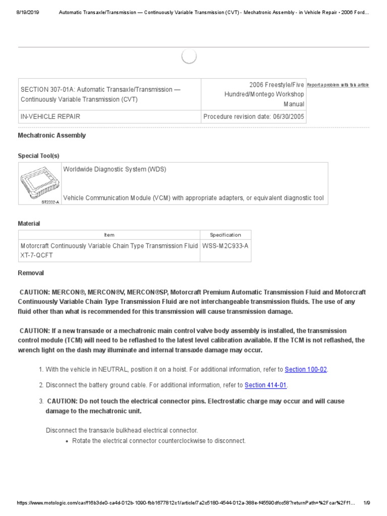 SECTION 307-01A Automatic TransaxleTransmission - Continuously Variable Transmission (CVT) | PDF ...