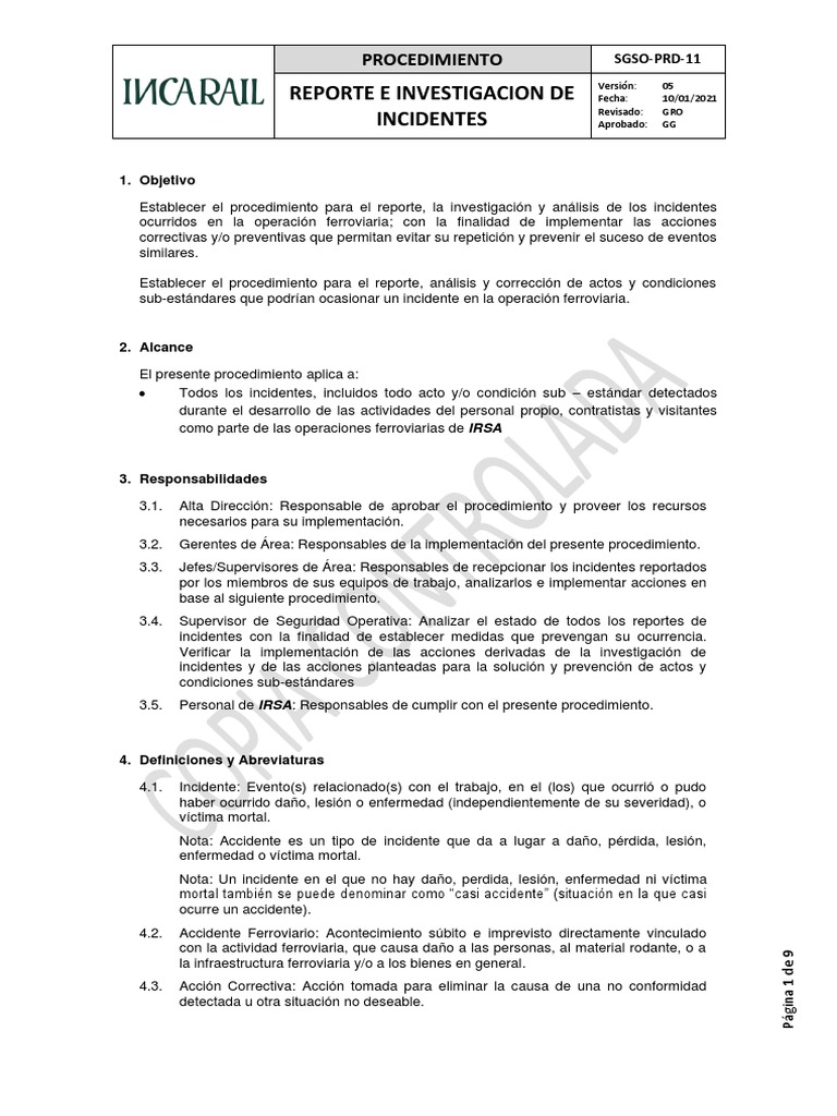 SGSO-PRD-11 Procedimiento Reporte e Investigacion de Incidentes | PDF