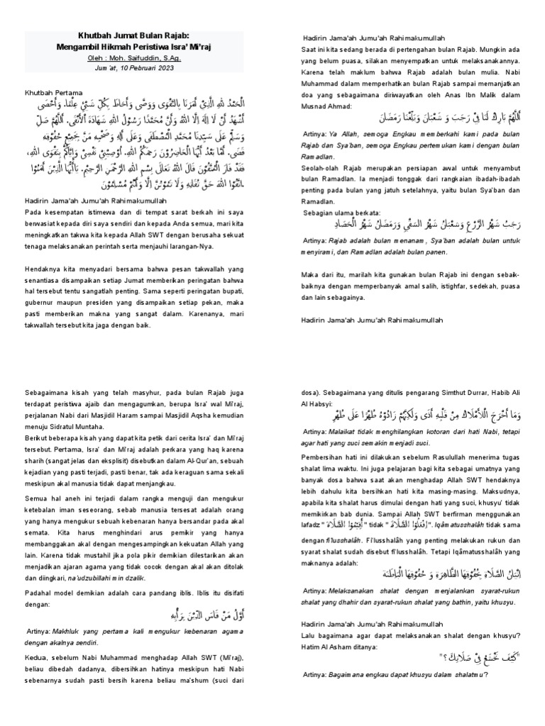 Khutbah Jumat Bulan Rajab 2023 | PDF