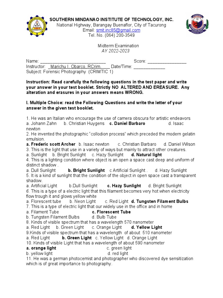 Midterm Examination on Forensic Photography Fundamentals and Concepts ...
