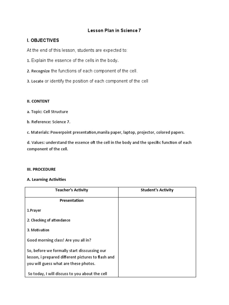 Lesson Plan in SCIENCE 7-WPS Office | PDF | Cell (Biology) | Cytoplasm