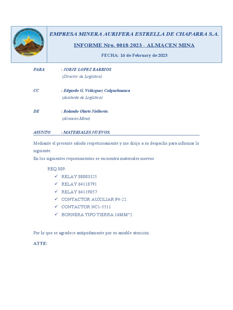 INFORME 018 - Materiales Nuevos REQ 9 | PDF