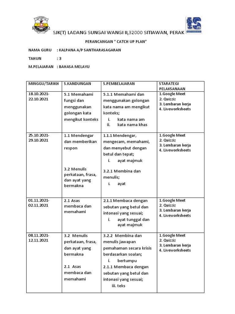 Catch Up Plan BM THN 3 | PDF | Karier & Perkembangan | Kajian Bahasa Asing
