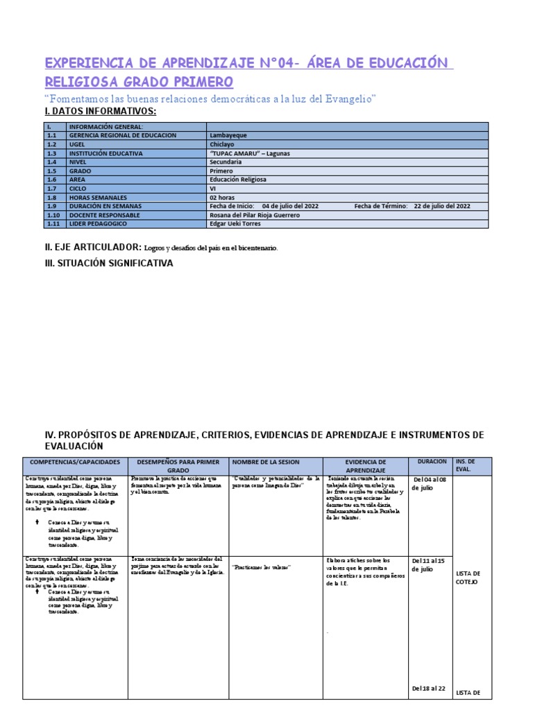 EXPERIENCIA DE APRENDIZAJE N 04 de 1RO | Descargar gratis PDF | Aprendizaje | Evaluación