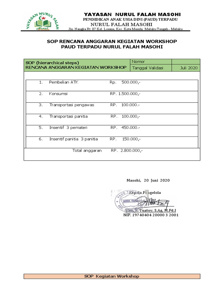 Sop Rencana Anggaran Kegiatan Workshop | PDF