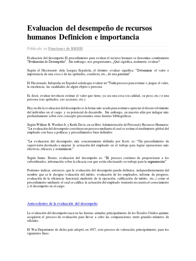 Evaluacion Del Desempeño de Recursos Humanos Definicion e Importancia | PDF | Gestión de ...