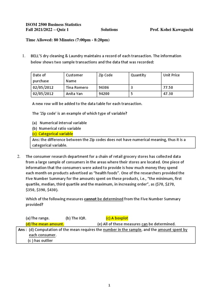 Business Statistics Quiz Solutions | PDF | Standard Deviation | Statistics